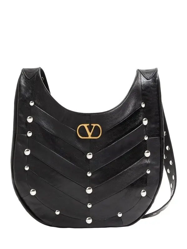 Valentino Garavani Medium Leather Hobo Shoulder Bag - Black