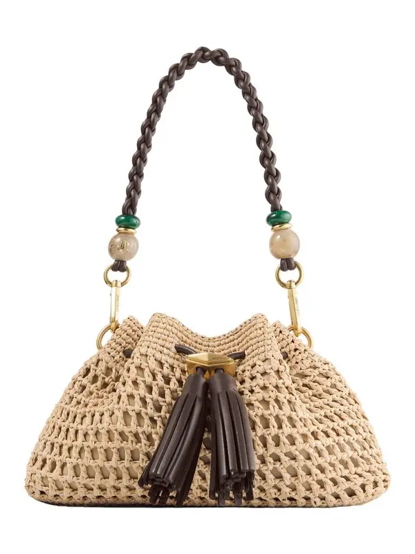 JIMMY CHOO Cinch Small Crochet Raffia Shoulder Bag - Natural/chocolate/gold