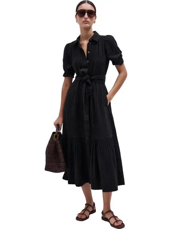 ME+EM Cheesecloth Midi Shirt Dress With Belt - Black