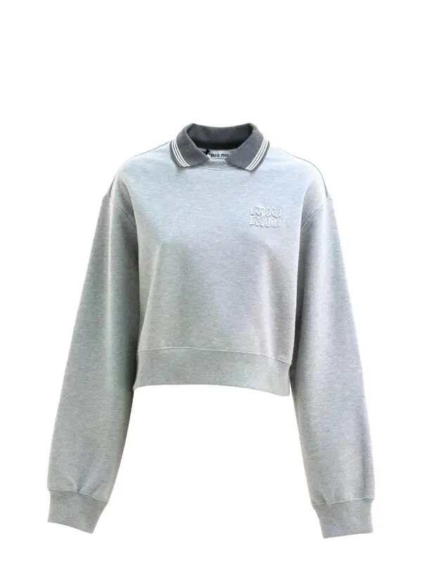 Miu Miu Ribbed-collar Embroidered Sweatshirt - Grey