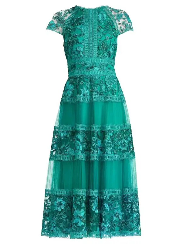 Tadashi Shoji Floral-embroidered Tiered Midi Dress - Green