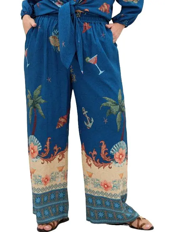 City Chic Printed Wide-leg Pants - Navy Sea