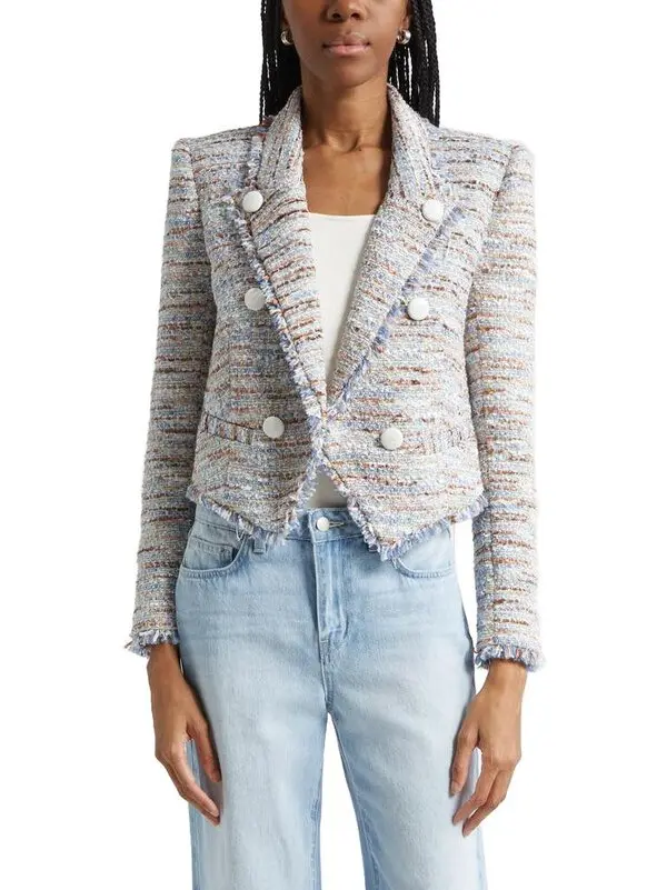 L'Agence Marv Boxy Tweed Jacket - Blue/beige Tweed