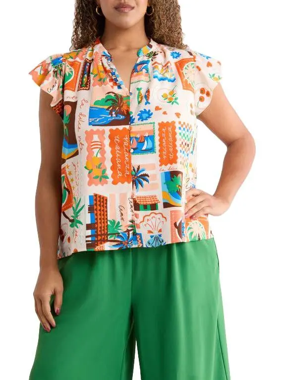 SUGARLIPS Palm Print Ruffle Cap Sleeve Blouse - Coral-multi