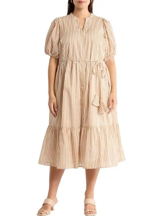 SUGARLIPS Cotton Button-up Midi Shirt Dress - Taupe-multi