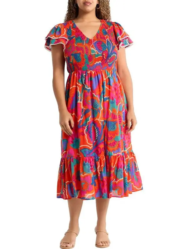 SUGARLIPS Floral Tiered Midi Dress - Red-multi