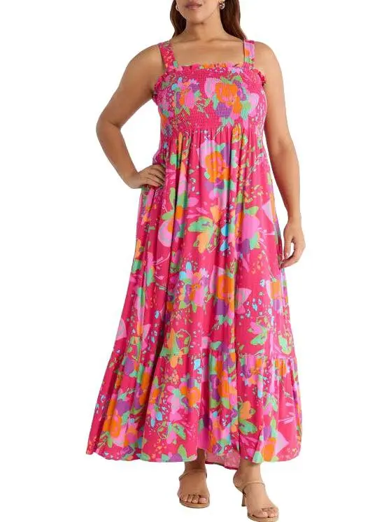 SUGARLIPS Himera Floral Kells Smocked Maxi Sundress - Fuchsia-multi