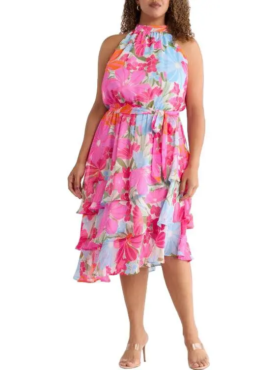 SUGARLIPS Calista Floral Ivone Ruffle Midi Dress - Pink-blue-multi