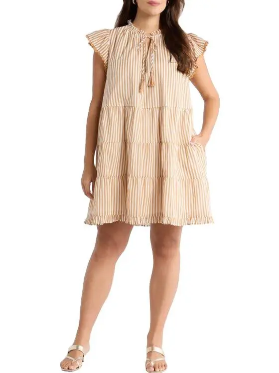 SUGARLIPS Striped Cotton Shift Mini Dress - Taupe-multi