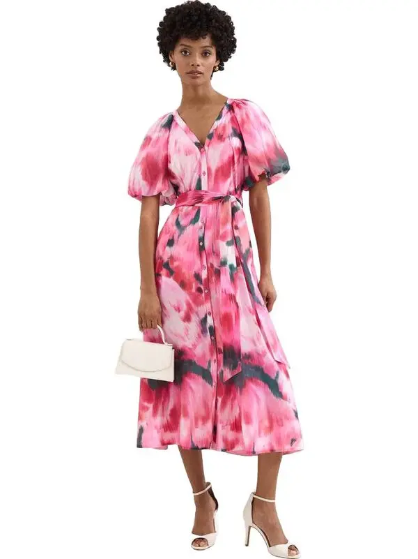PHASE EIGHT Caterina Puff Sleeve V-neck Shirt Dress - Pink