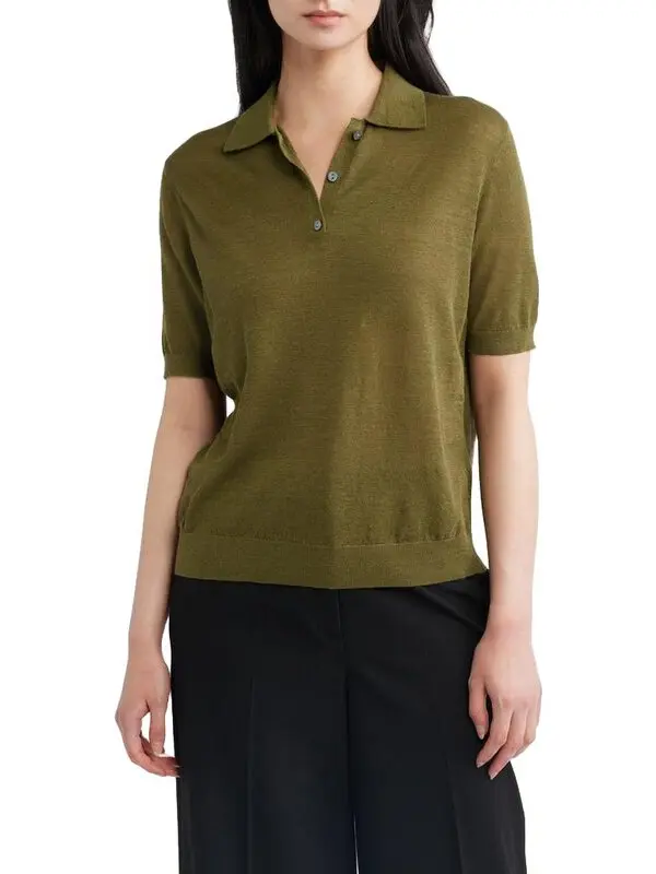 Theory Semisheer Linen Blend Polo - Forest Moss