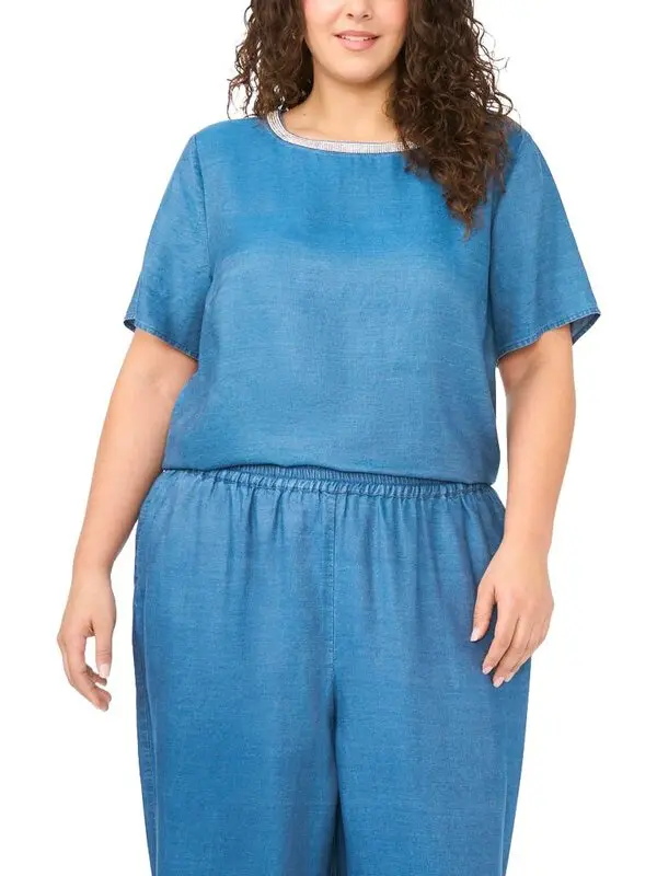 Vince Camuto Bead Detail Chambray Top - Chambray Blue