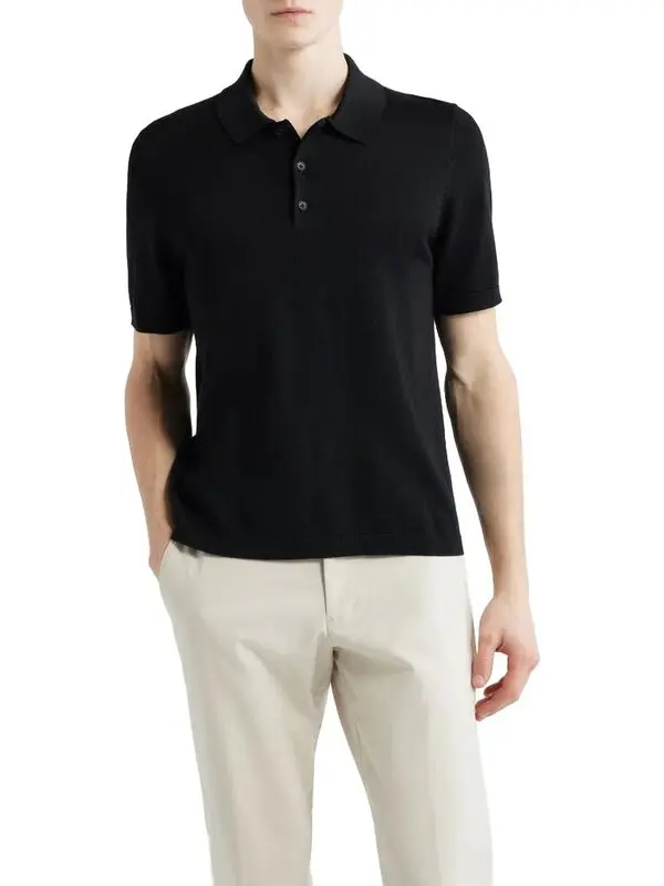 OPEN EDIT Solid Cotton Blend Polo Sweater - Black