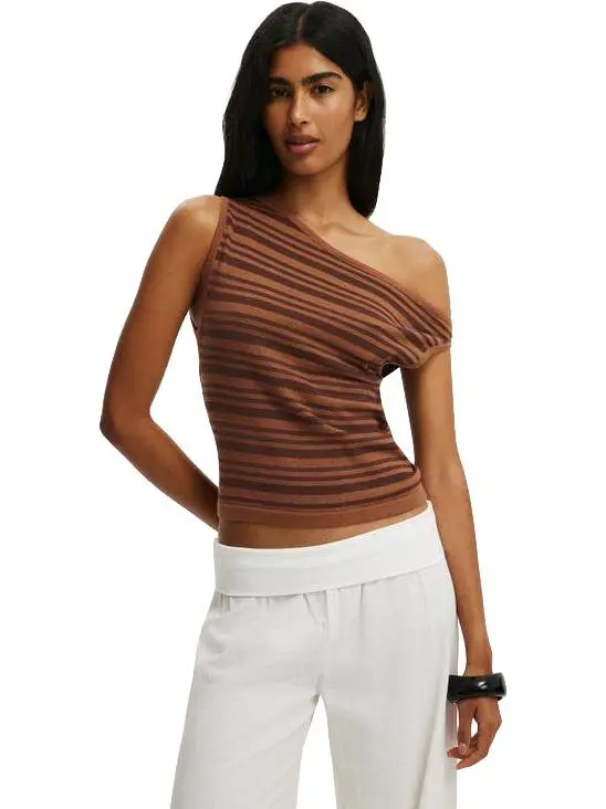 COTTON ON Sleeveless Off Shoulder Knit Top - Neutral Stripe