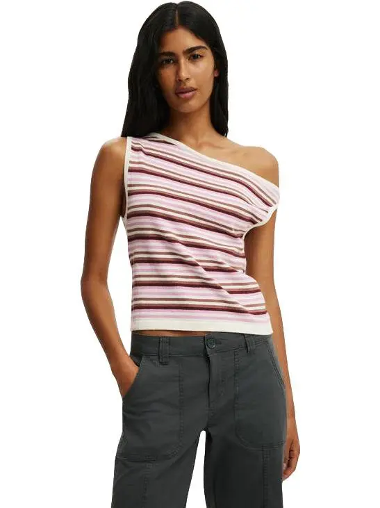 COTTON ON Sleeveless Off Shoulder Knit Top - Pink Stripe