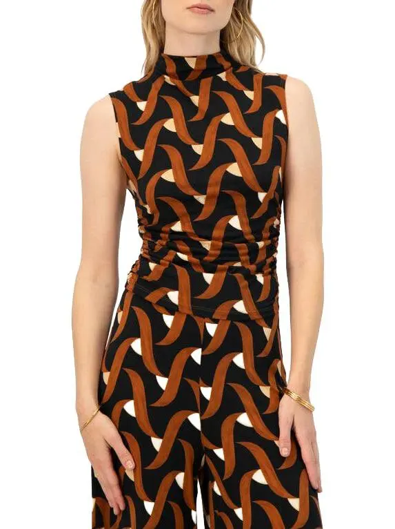 IVONNE Patterned Ruched High Neck Blouse - Multi-brown