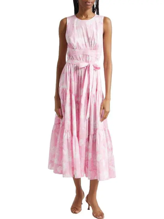 Cinq À Sept Belted Floral Midi Dress - Rosewater Pink Multi