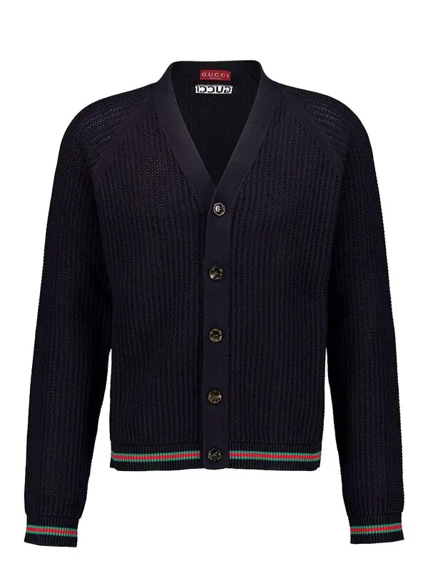 Gucci Ajour Cotton Knit Cardigan With Web - Blue