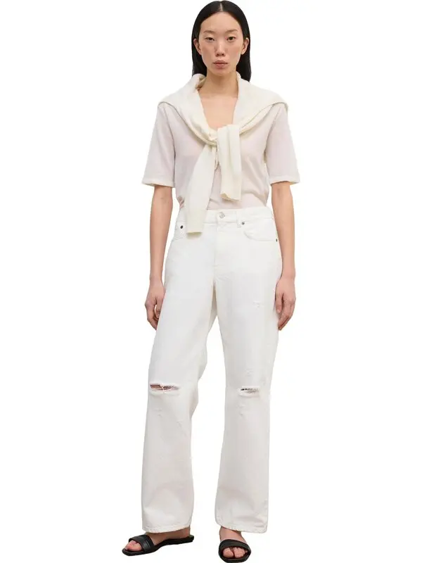 HOUSE OF DAGMAR Cropped Distressed Straight Leg Denim - White