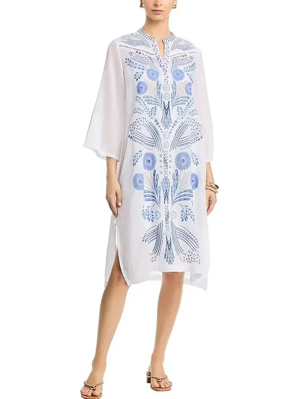 Johnny Was Western Trim Henley Dress - White