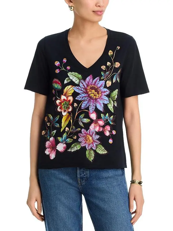 Johnny Was Aivy Raw Hem V-neck Tee - Black