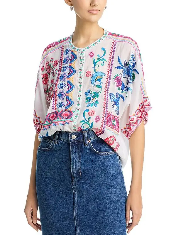 Johnny Was Embroidered Cupro Blouse - White