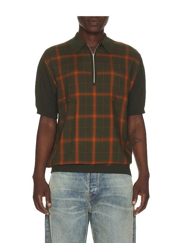 BEAMS Half Zip Panel Polo Ombre Plaid - Olive