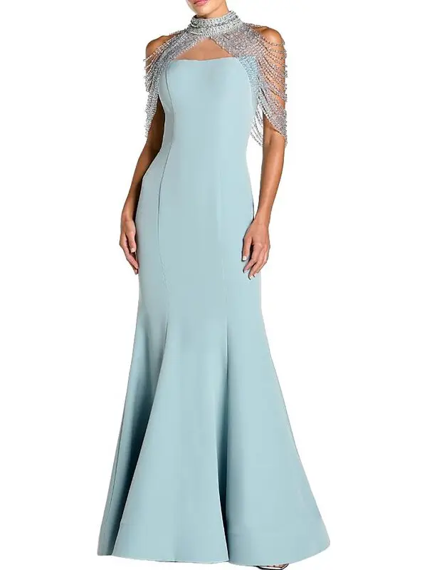Mac Duggal Crepe Mermaid Gown With Beaded Shawl - French Blue