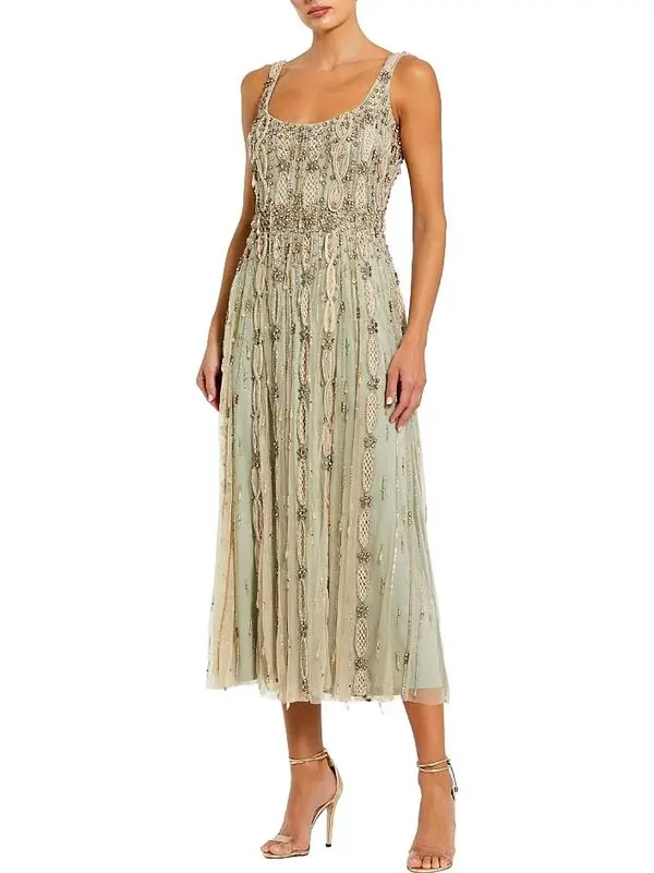Mac Duggal Embellished Mesh Midi Dress - Nude Sage
