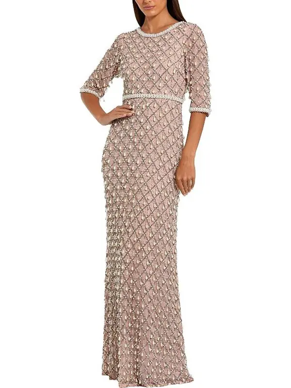 Mac Duggal Pearl & Crystal Embellished Evening Gown - Light Rose