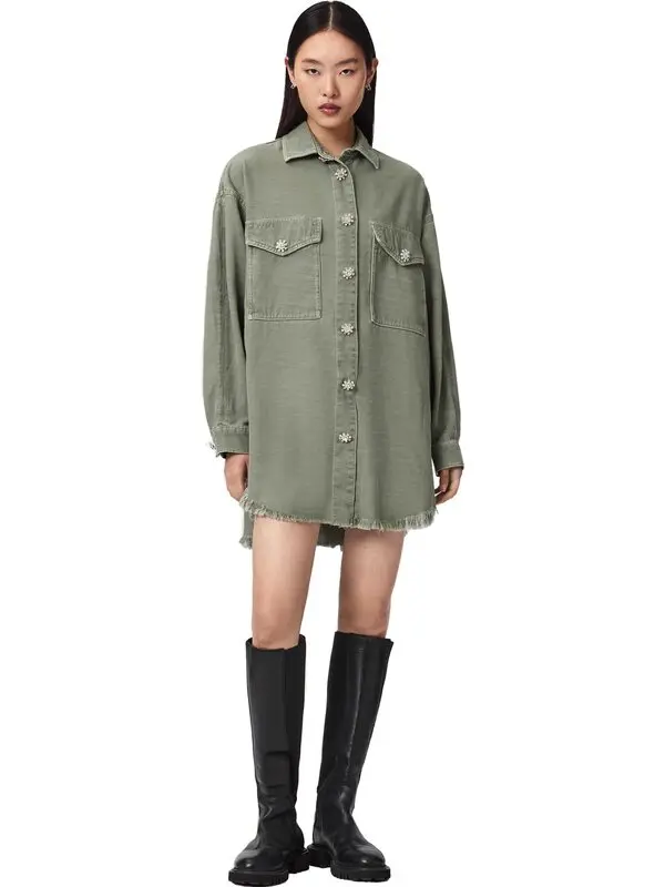 ALLSAINTS Hettie Oversized Long Sleeve Shacket Dress - Khaki