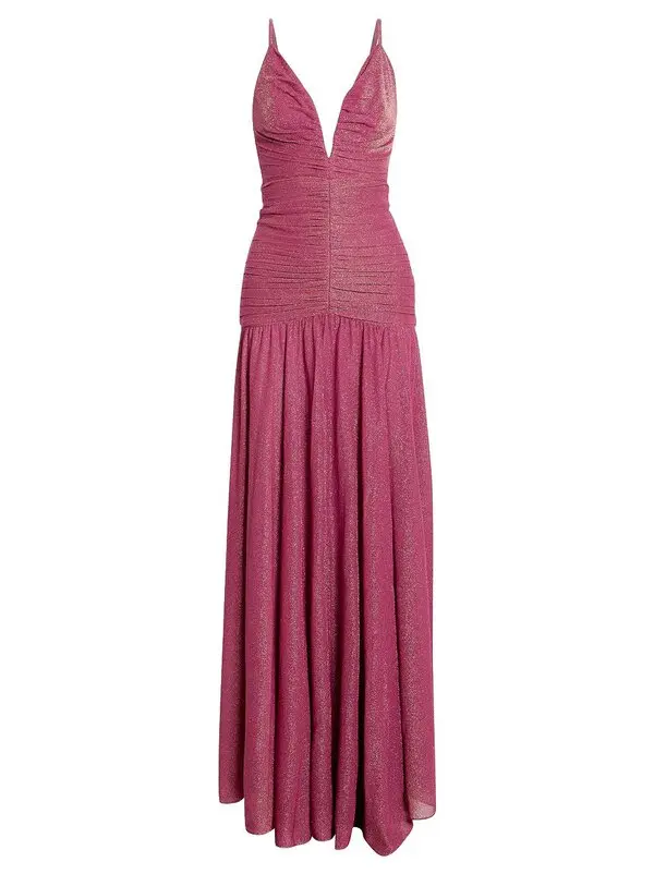 PatBO Ruched Metallic Stretch-mesh Maxi Dress - Magenta