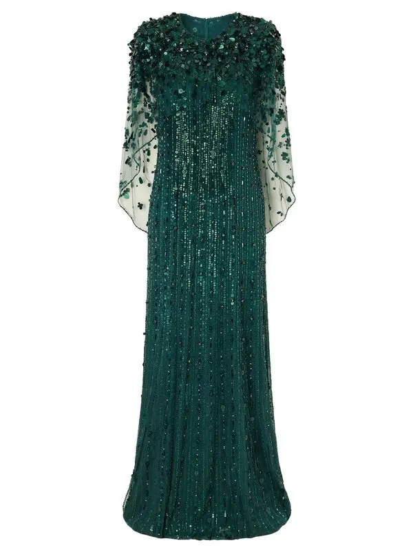 Jenny Packham Nettie Embellished Sequined Tulle Gown - Green