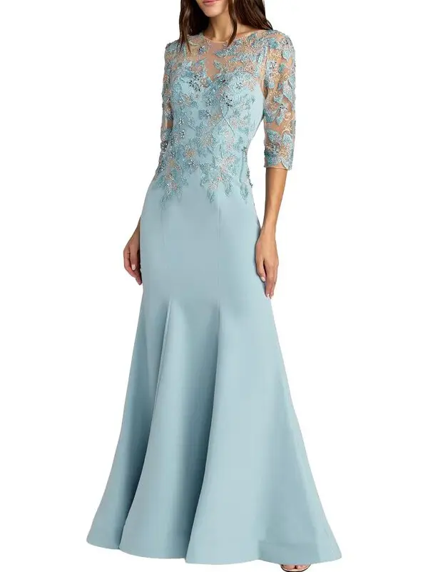 Mac Duggal Embroidered Crepe Mermaid Gown With Illusion Neckline - French Blue