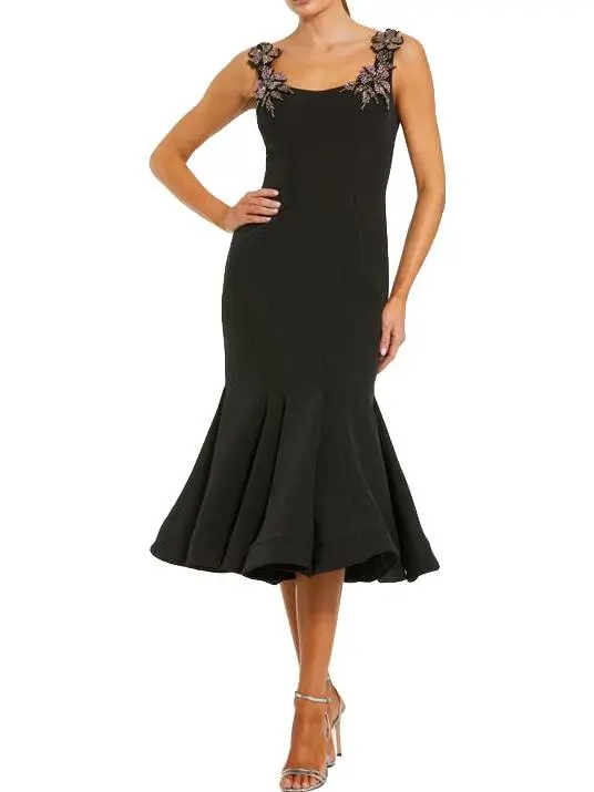 Mac Duggal Floral Appliqué Strap Crepe Trumpet Midi Dress - Black