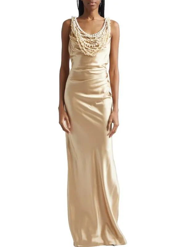 Balmain Shell Garland Draped Silk Gown - Gold/beige