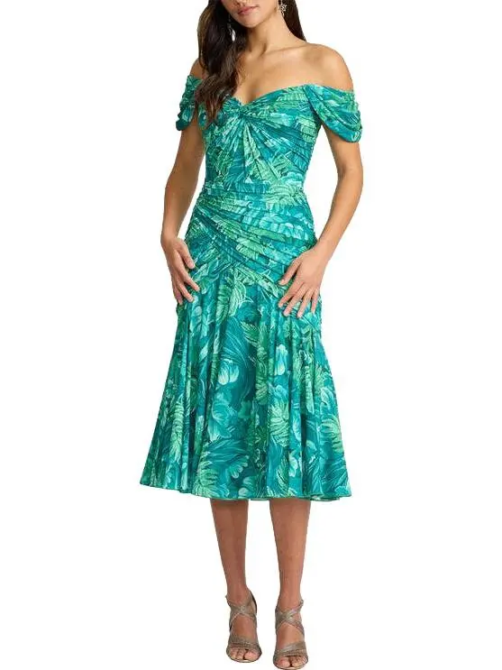 Tadashi Shoji Floral Off-the-shoulder Cocktail Midi Dress - Emerald Green/multi