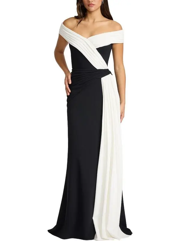 Tadashi Shoji Off-the-shoulder Draped Crepe Gown - Black/ivory