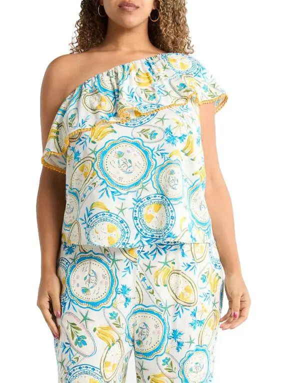 SUGARLIPS Ruffle One-shoulder Top - White/blue/yellow