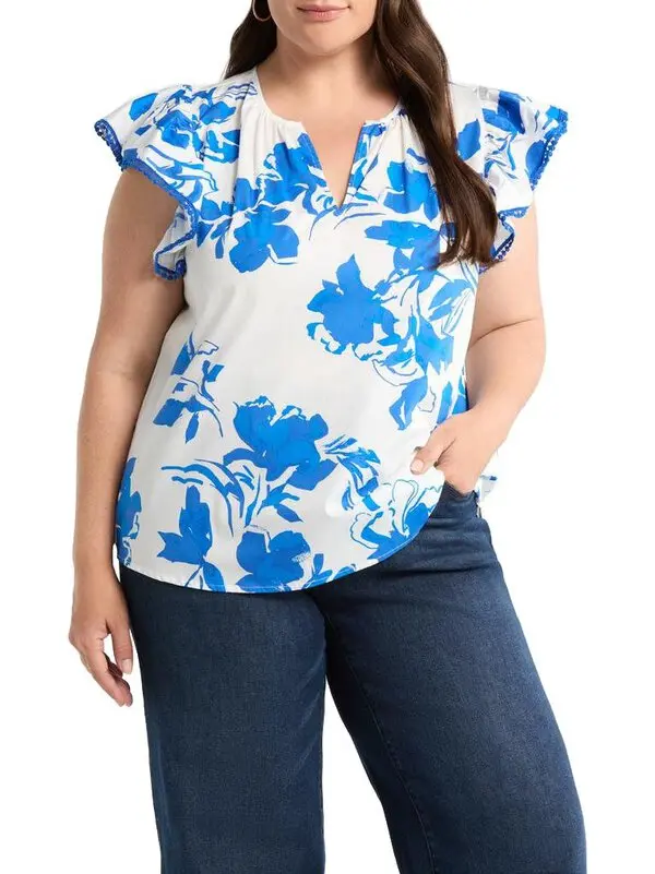 SUGARLIPS Floral Print Cotton Top - White Cobalt Multi