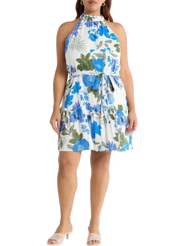 SUGARLIPS Floral Halter Mini Dress - White/blue/green