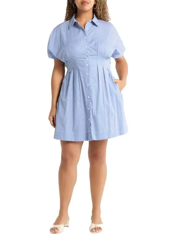 SUGARLIPS Pleated Dolman Sleeve Mini Dress - Blue-white