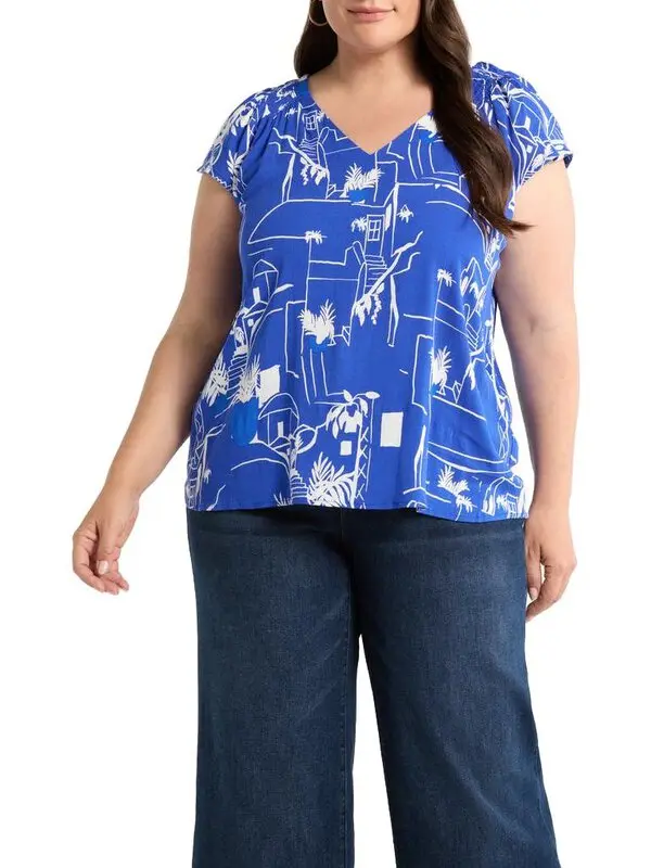 SUGARLIPS Town Print Smocked Top - White/blue Multi