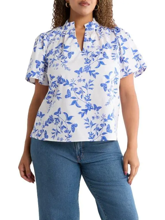 SUGARLIPS Leya Floral Split Neck Top - White-blue-multi
