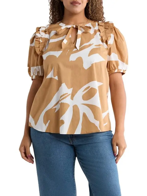 SUGARLIPS Abstract Tie Neck Top - Camel-multi