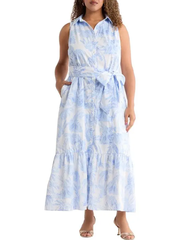 SUGARLIPS Poly Leaf Cileah Ruffle Collar Maxi Dress - Blue/white Multi