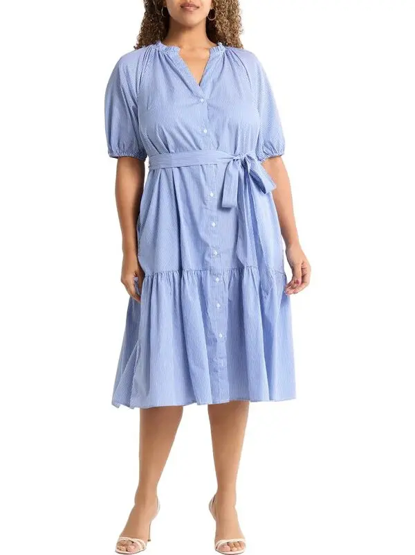 SUGARLIPS Striped Tiered Cotton Midi Dress - Blue-white