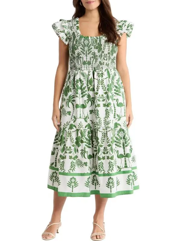 SUGARLIPS Double Ruffle Smocked Bodice Midi Sundress - White/green