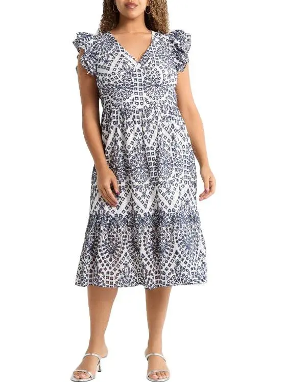 SUGARLIPS Eyelet Cotton Poplin Midi Dress - White-blue
