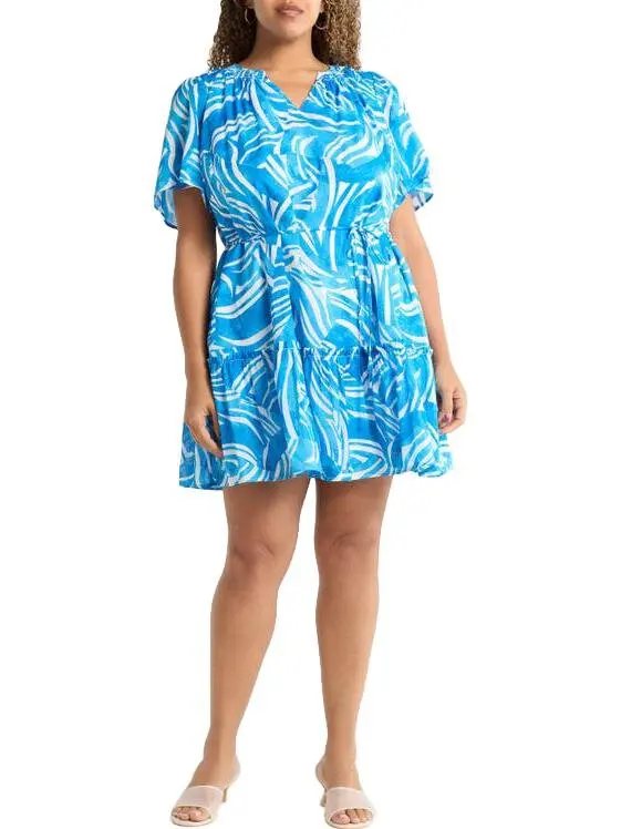 SUGARLIPS Canton Tropics Clarion Ruffle Minidress - White/blue Multi